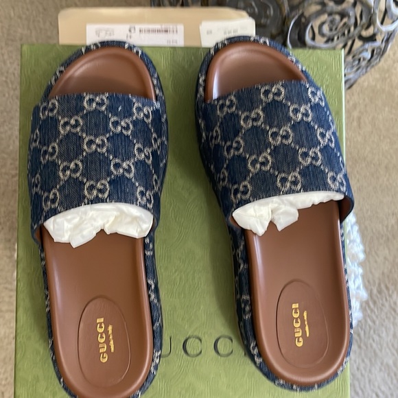 Gucci | Shoes | Gucci Supreme Denim Angelina Gg Logo Platform Slides ...
